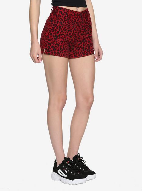 Cherry Red Leopard Print Skinny Shorts With Slits | Hot Topic