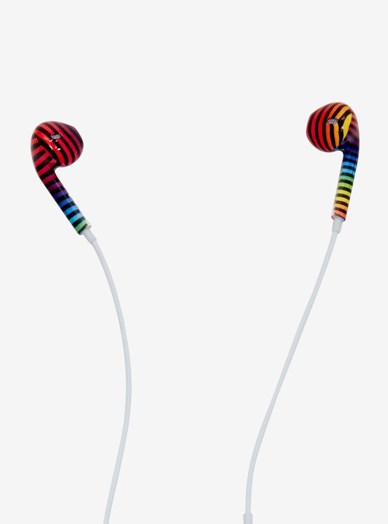 Rainbow & Black Striped Earbuds | Hot Topic