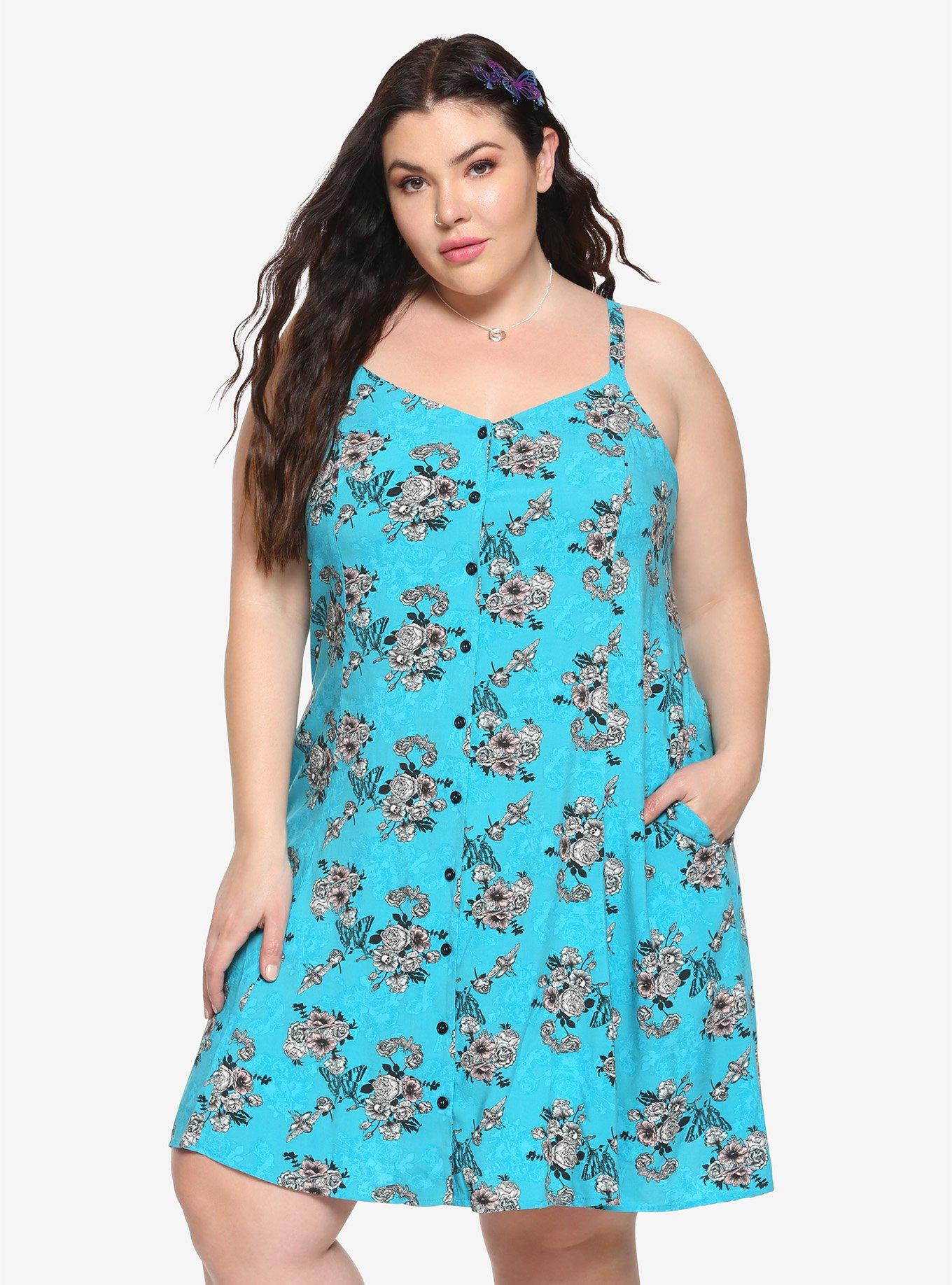 Teal Floral Button-Front Dress Plus Size | Hot Topic