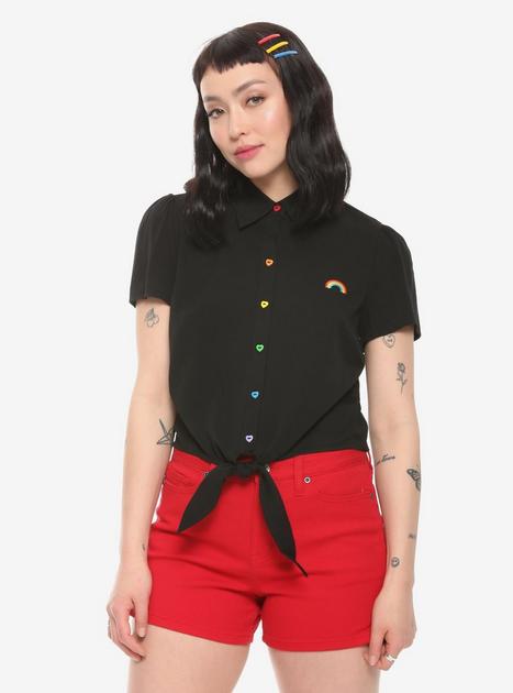 Rainbow Buttons Tie-Front Girls Woven Button-Up | Hot Topic