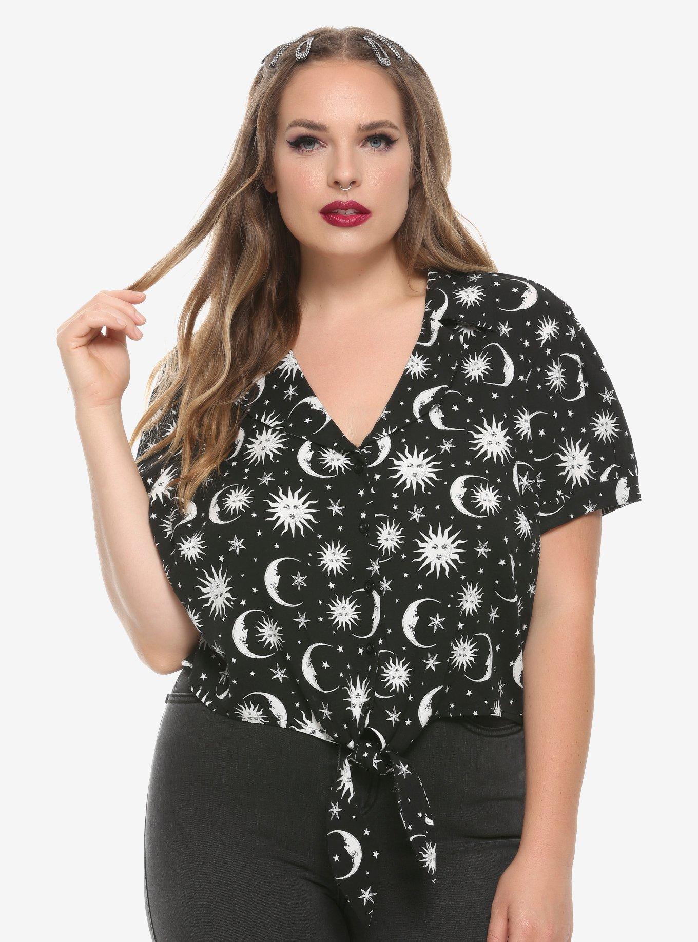 Black & White Celestial Girls Tie Front Button-Up Plus Size | Hot Topic