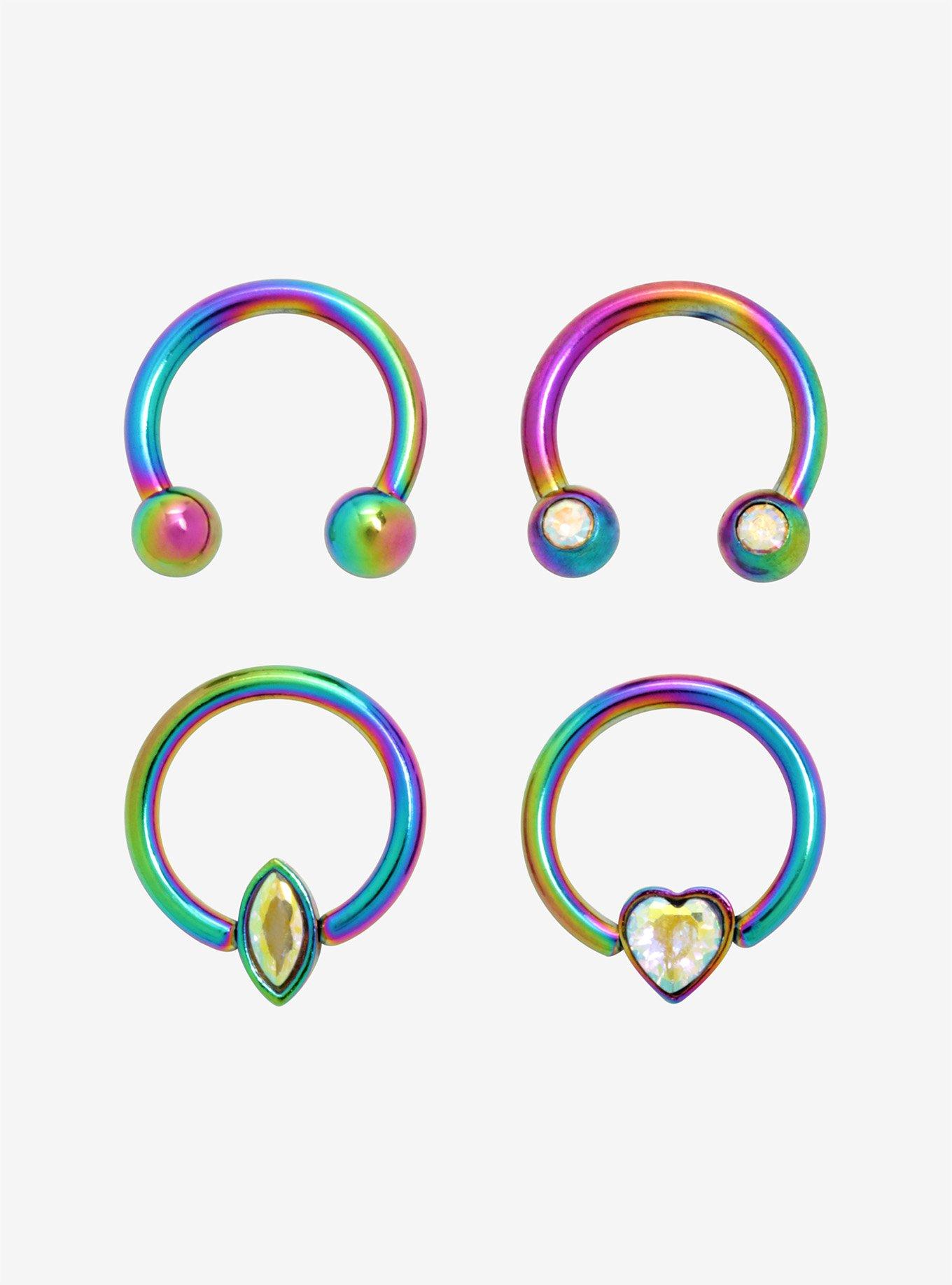 Steel Rainbow Anodized Curved Barbell & Hoop 4 Pack | Hot Topic