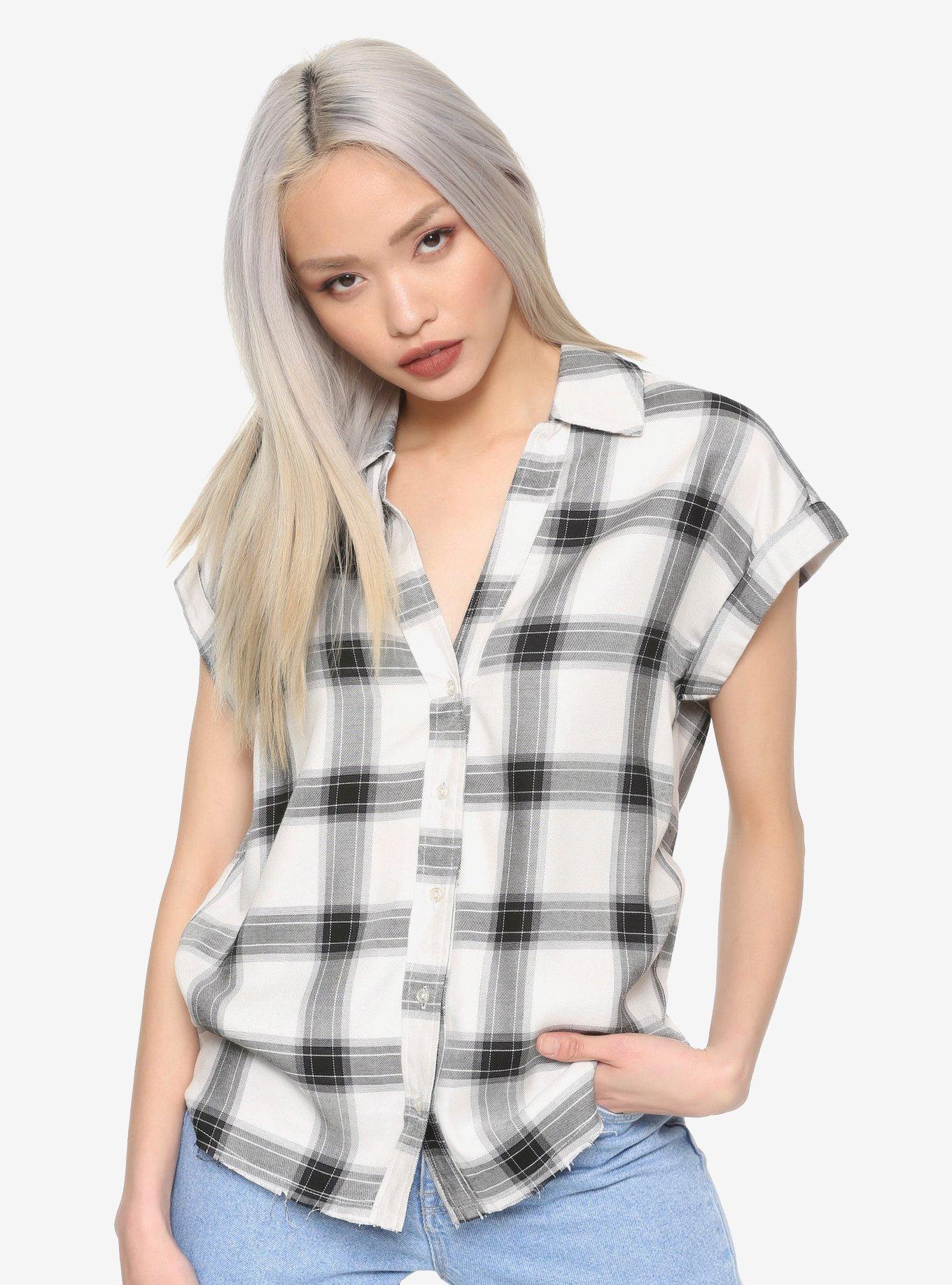 White & Black Plaid Girls Button-Up Woven Top | Hot Topic
