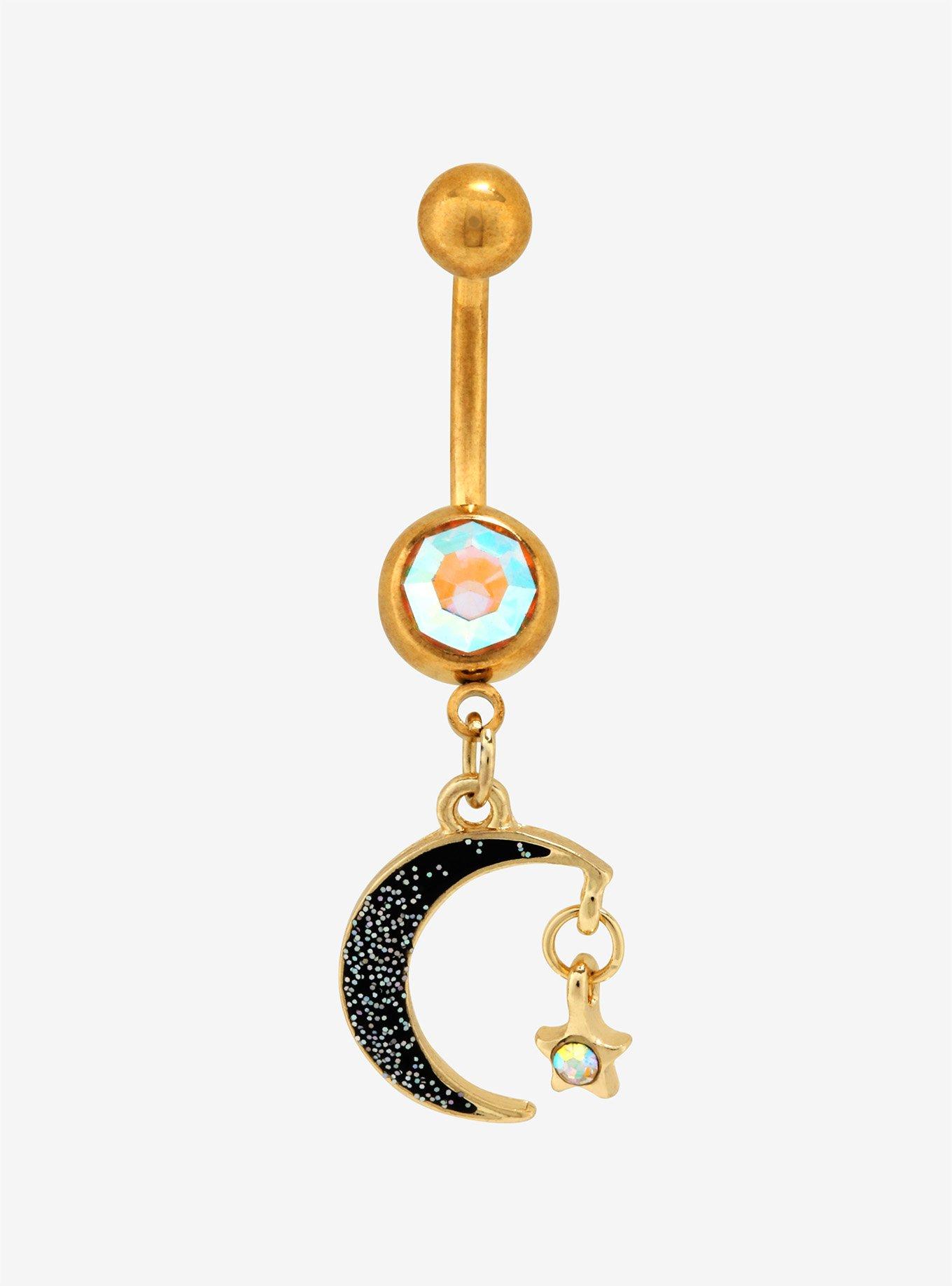 14G Steel Gold Moon & Star Glitter Navel Barbell | Hot Topic