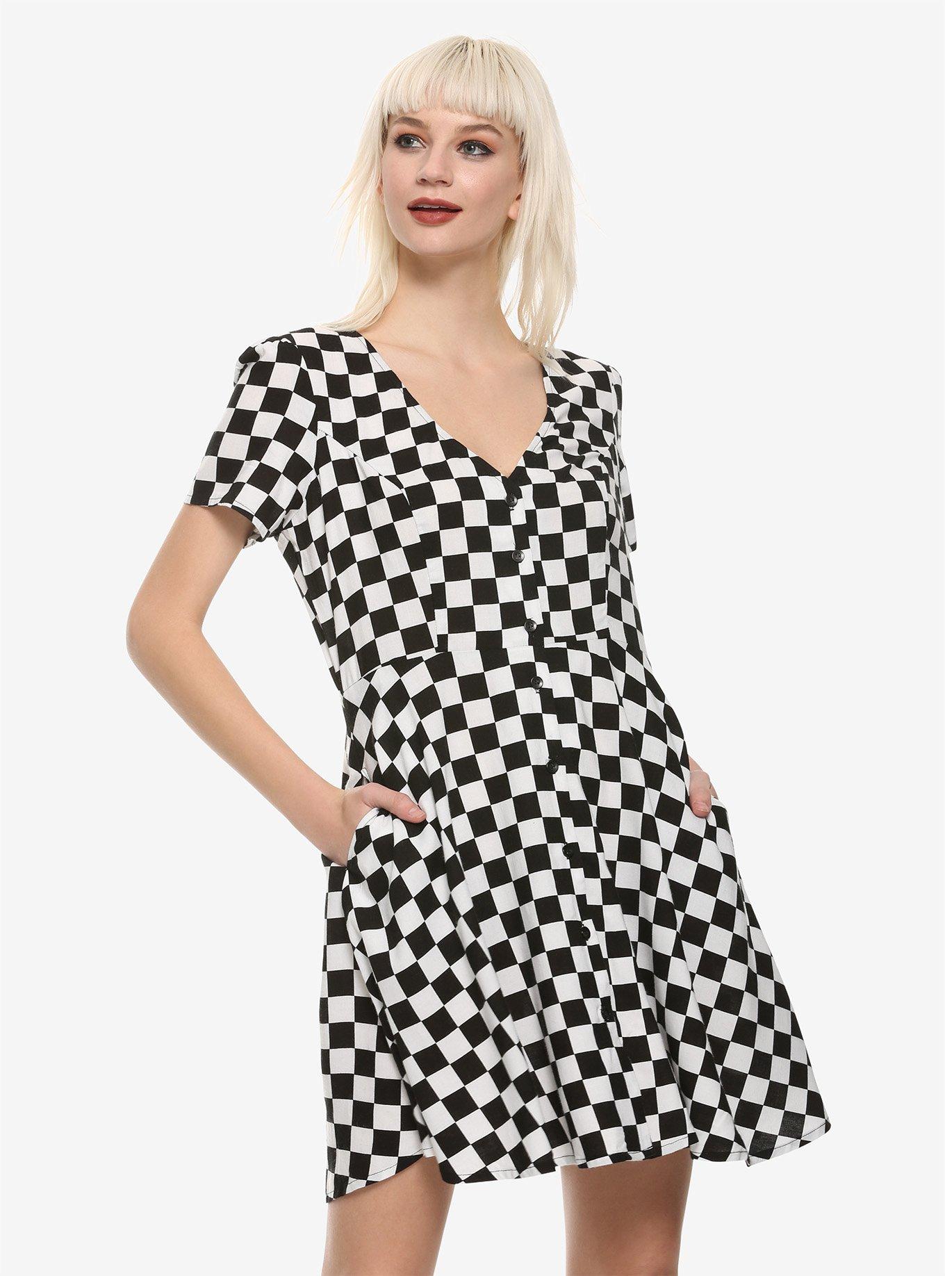 Black & White Checkered Button-Front Dress | Hot Topic