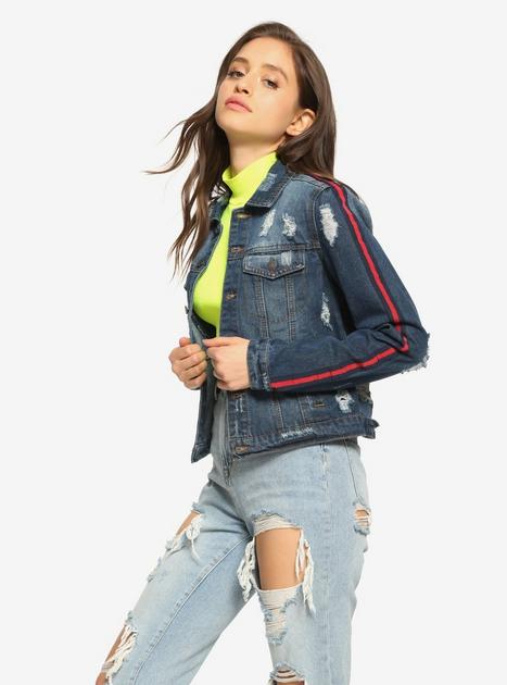 Striped Sleeve Dark Wash Girls Denim Jacket | Hot Topic