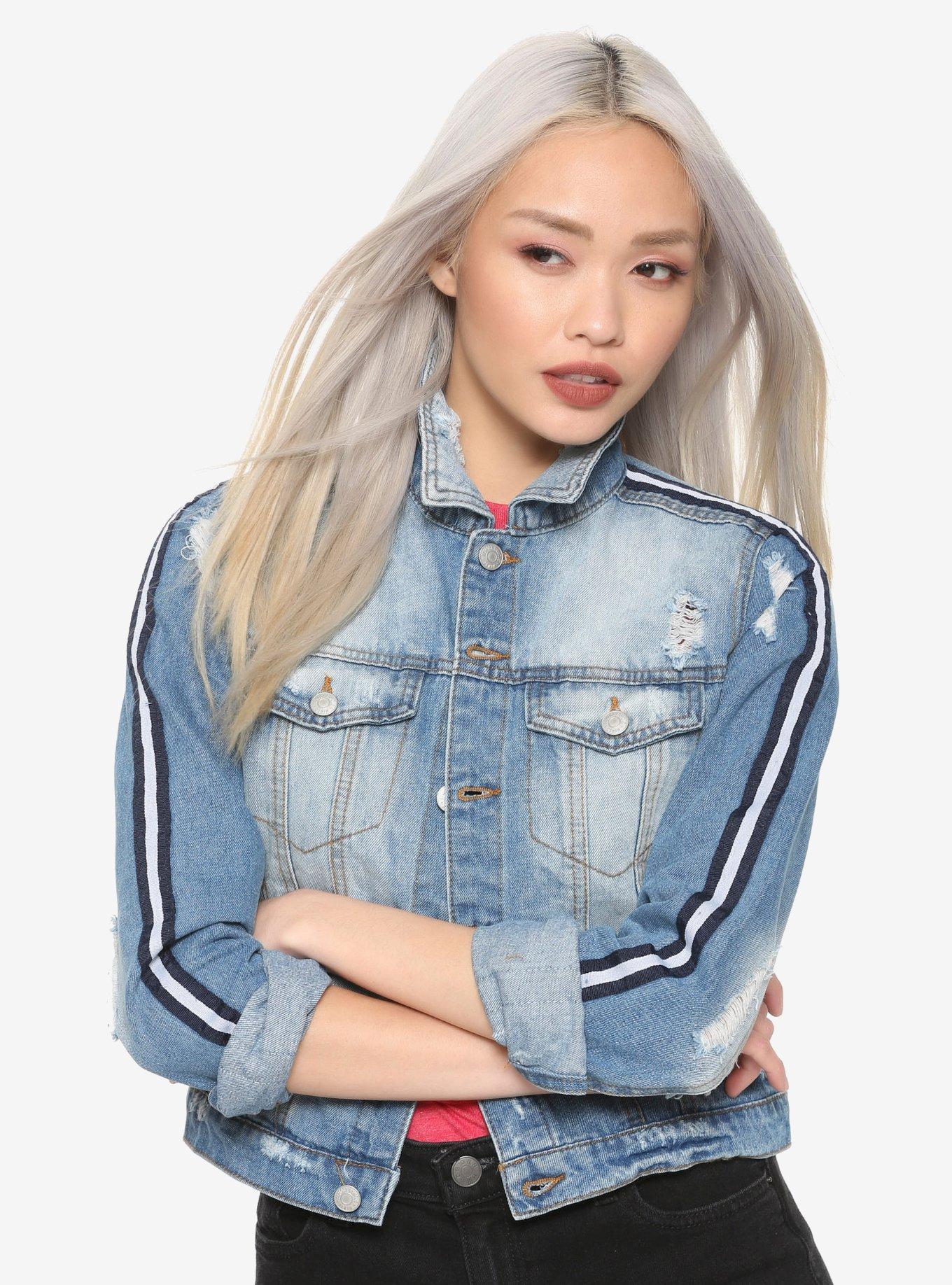 Striped Sleeve Light Wash Girls Denim Jacket | Hot Topic