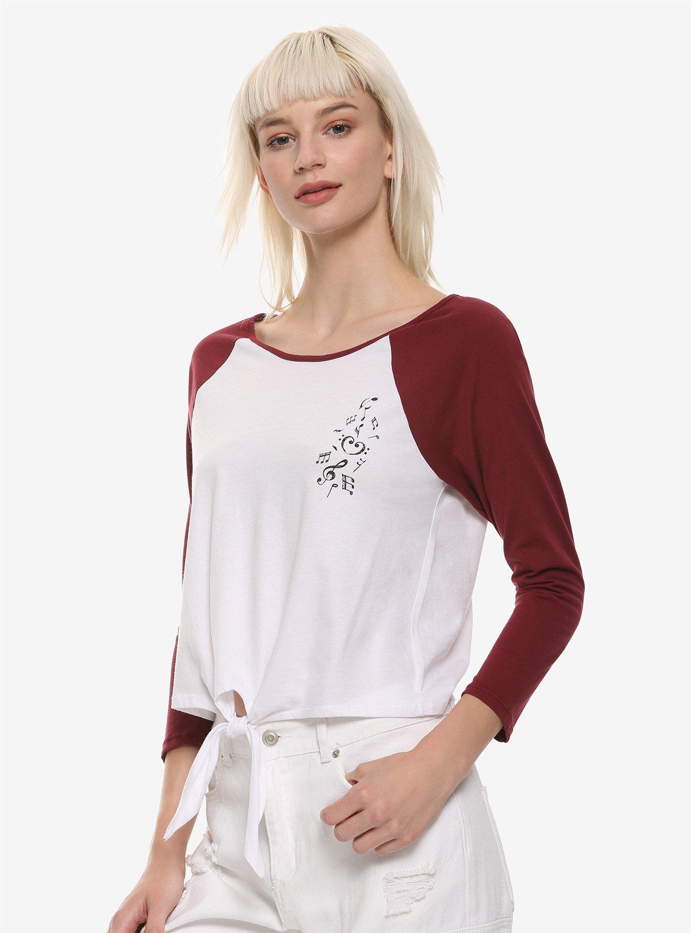 Burgundy Music Notes Girls Tie-Front Raglan | Hot Topic