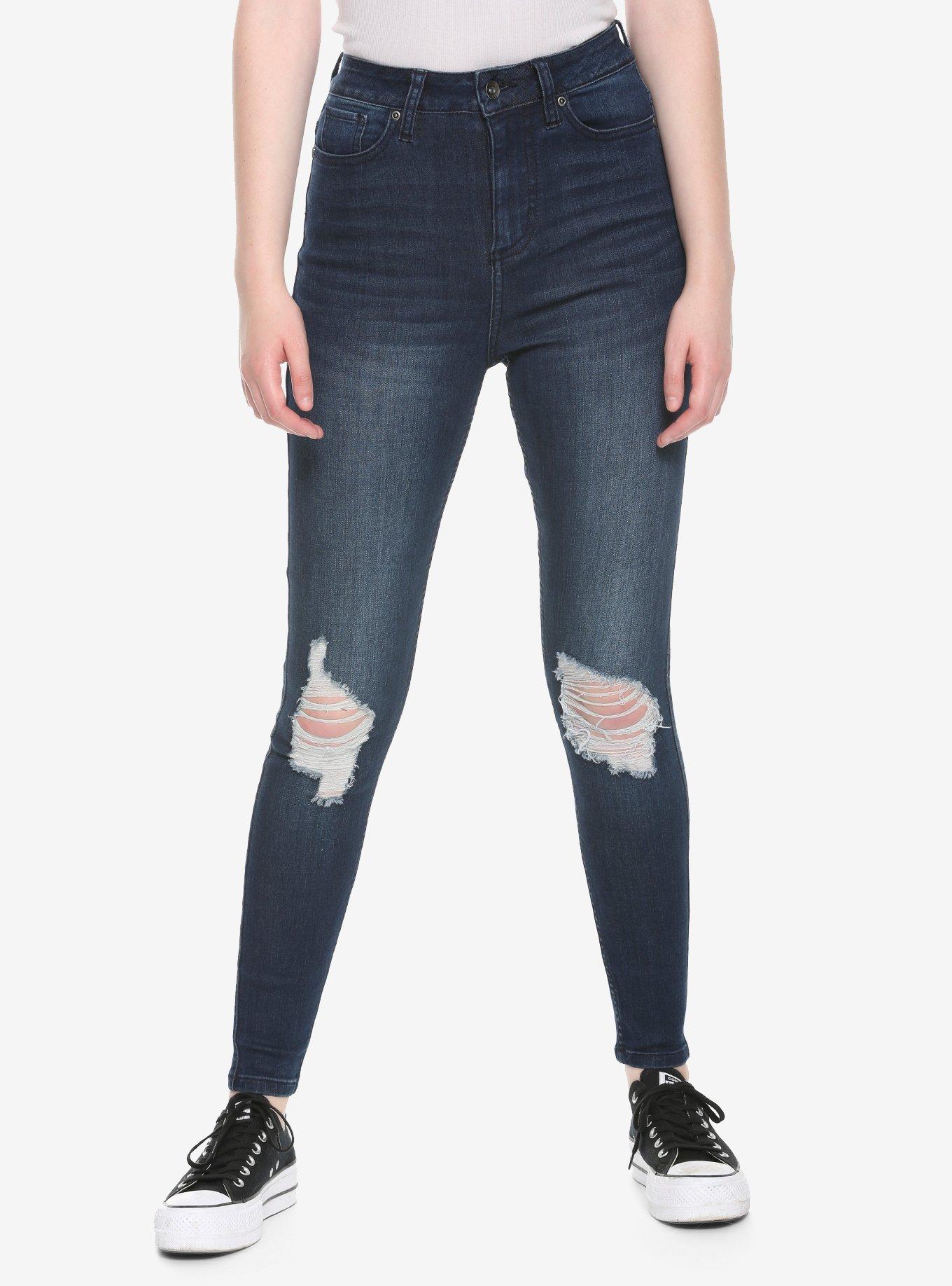 Ht Denim Indigo Destructed Ultra Hi Rise Jeggings Hot Topic