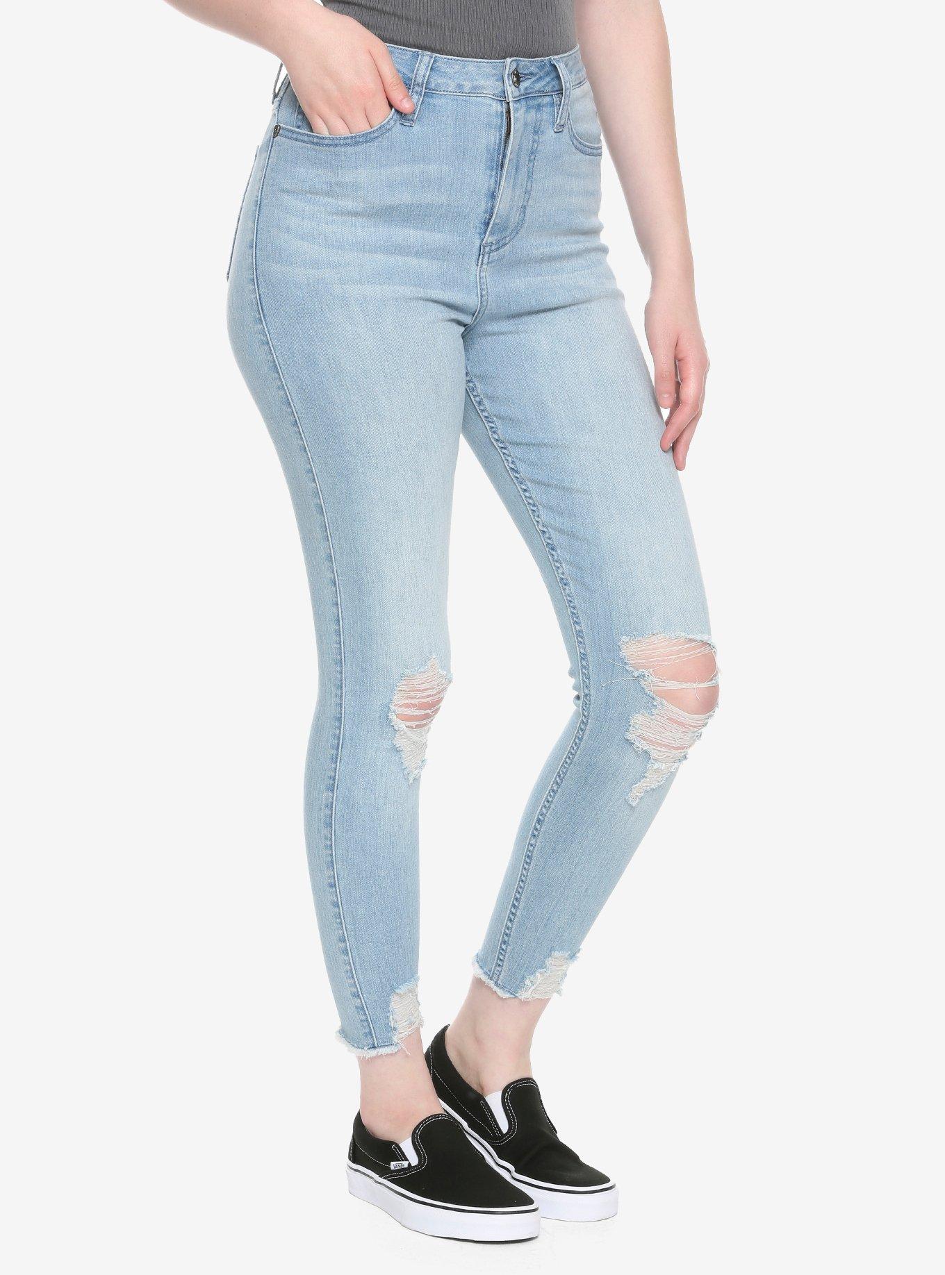 HT Denim Indigo Cropped & Destructed Ultra Hi-Rise Jeggings | Hot Topic