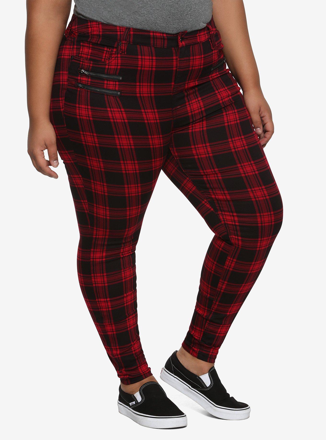 HT Denim Red Plaid Hi-Rise Super Skinny Jeans Plus Size