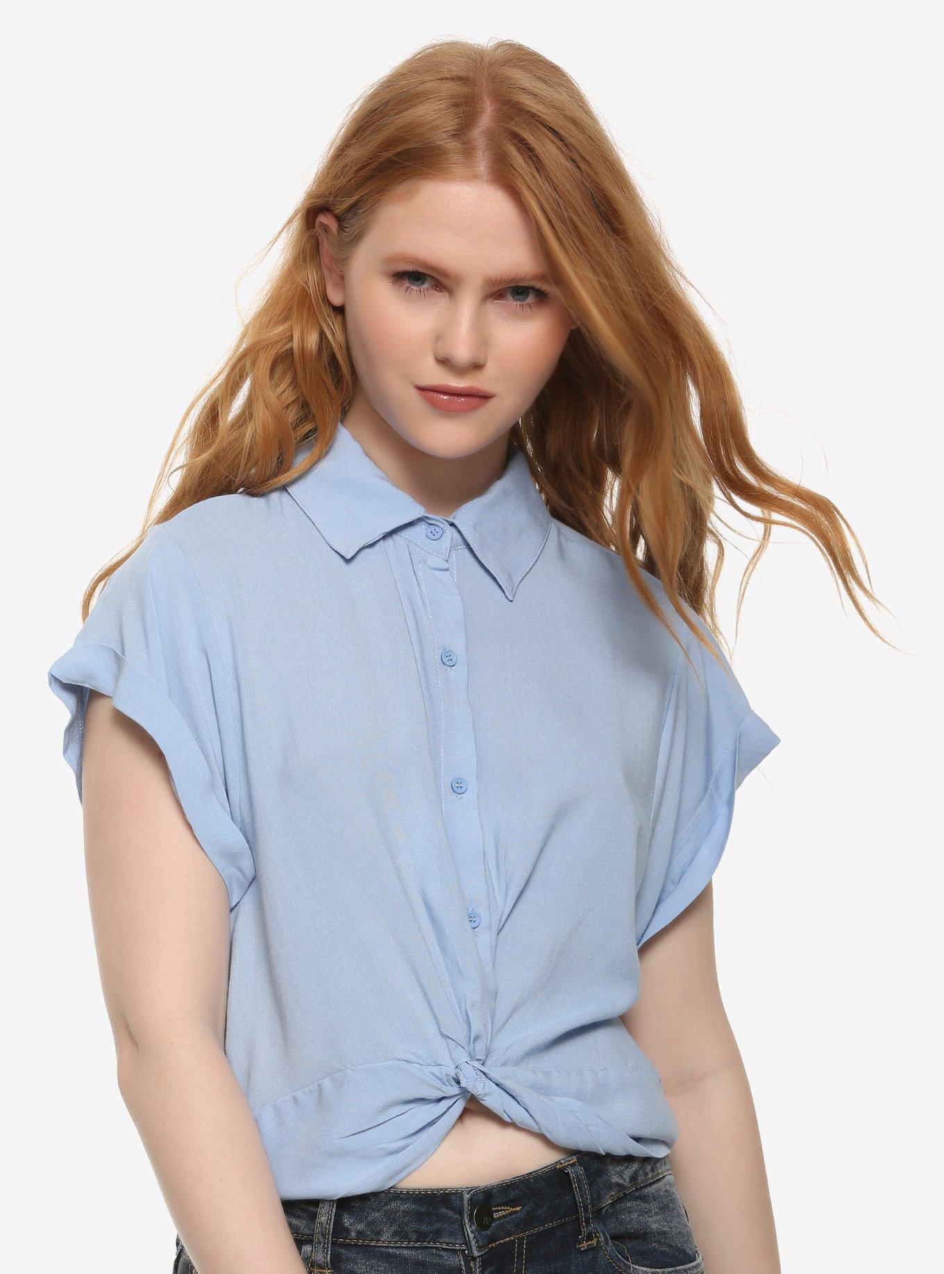 Chambray Twist Front Girls Button-Up Woven Top | Hot Topic