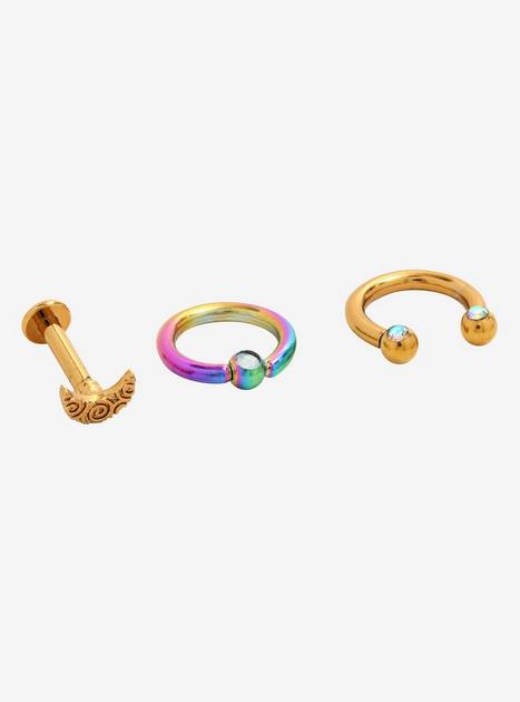 Steel Gold Moon Rainbow Labret Stud & Hoops 3 Pack | Hot Topic