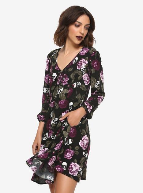 Roses & Skulls Long-Sleeve Dress | Hot Topic