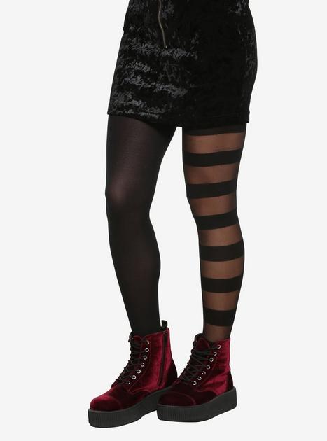 Black Solid & Sheer Striped Split Tights | Hot Topic