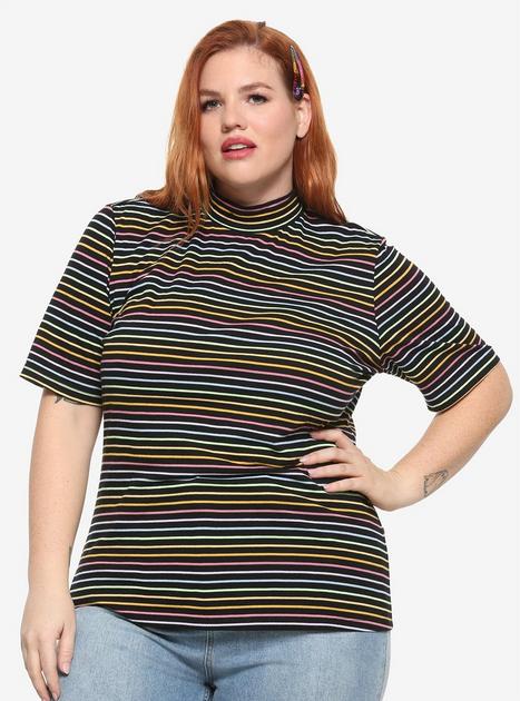Black & Rainbow Stripe Mock Neck Girls T-Shirt Plus Size | Hot Topic