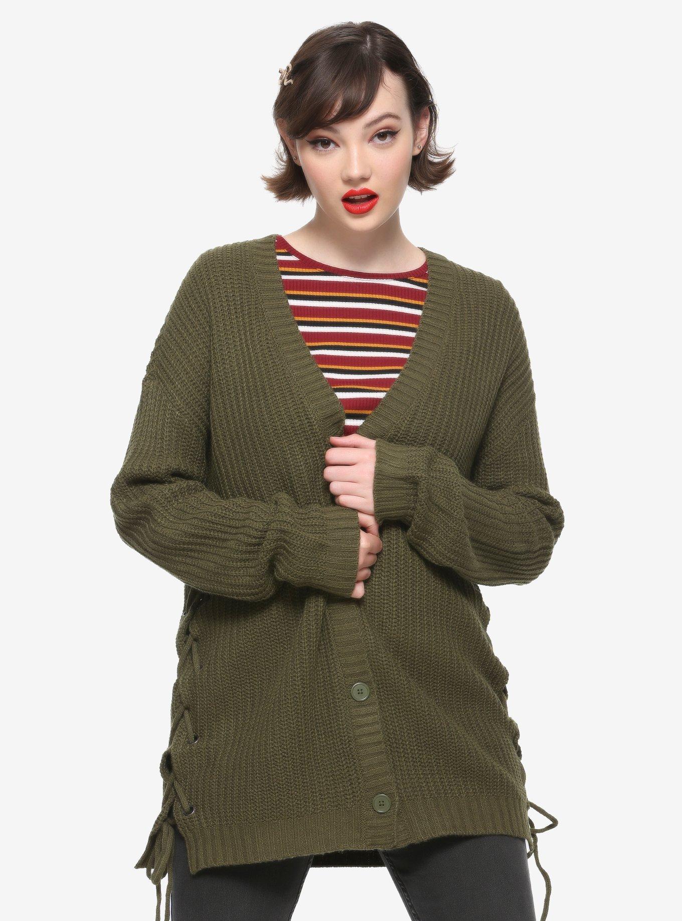 Olive Side-Lacing Girls Cardigan | Hot Topic