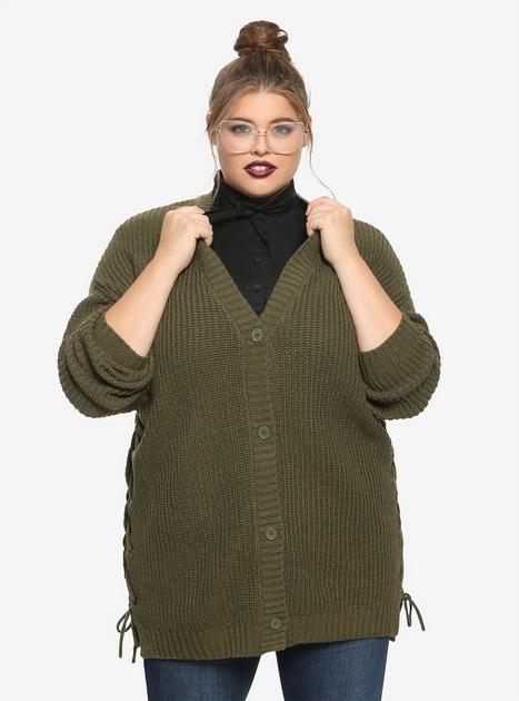 Olive Side-Lacing Girls Cardigan Plus Size | Hot Topic