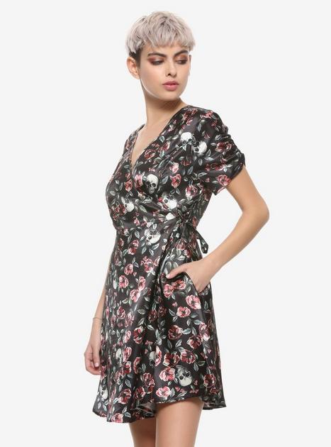 Skulls & Florals Satin Wrap Dress | Hot Topic
