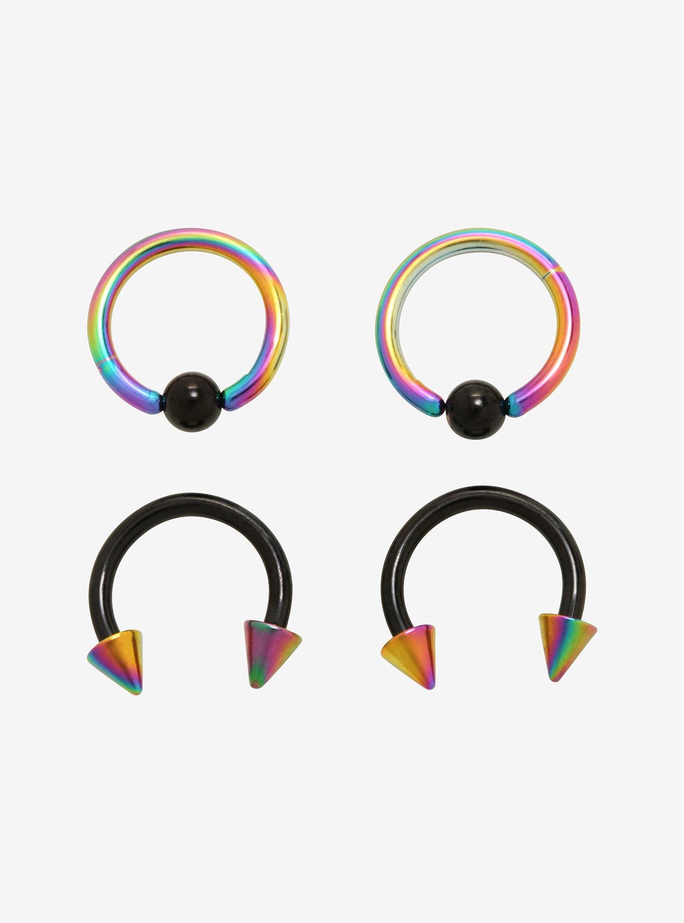 Steel Rainbow & Black Captive Hoop & Curved Barbell 4 Pack | Hot Topic