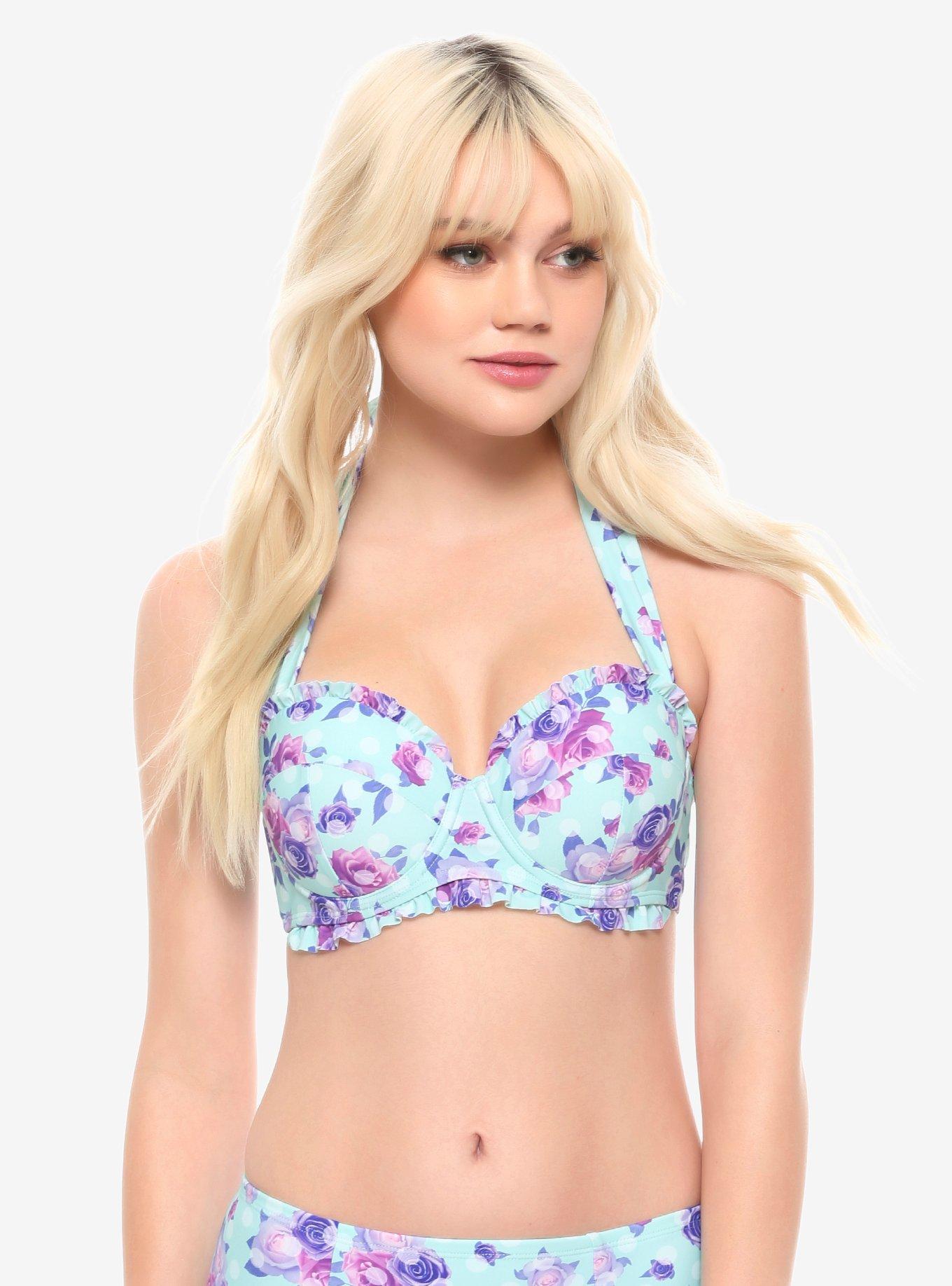 Blue Floral And Polka Dot Ruffle Halter Swim Top Hot Topic