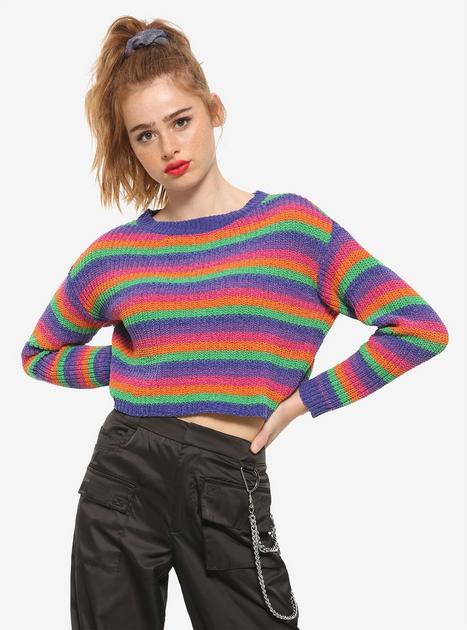 Rainbow Stripe Girls Crop Sweater | Hot Topic
