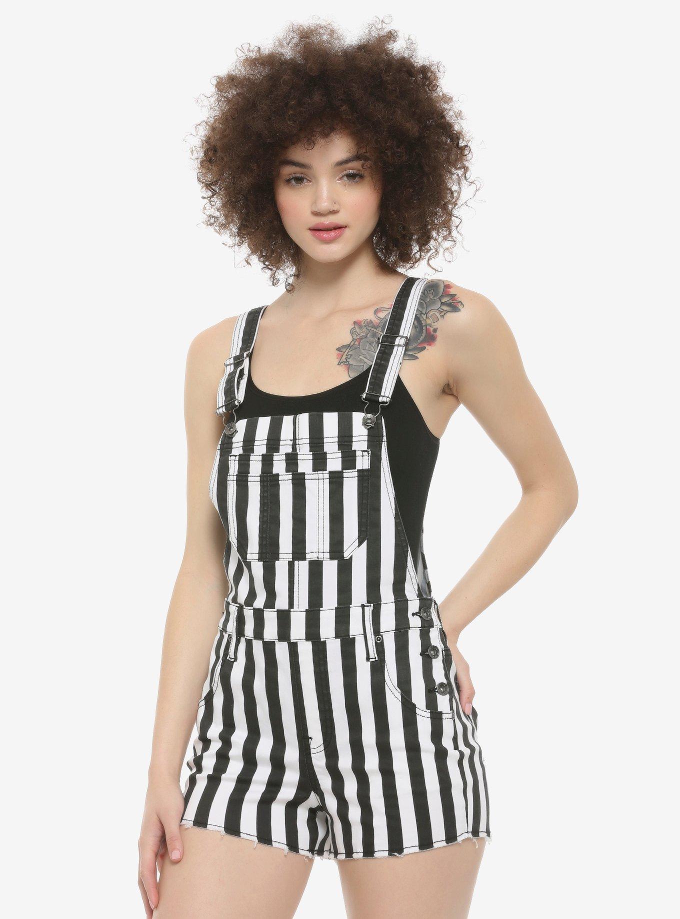 HT Denim Black & White Stripe Shortalls | Hot Topic