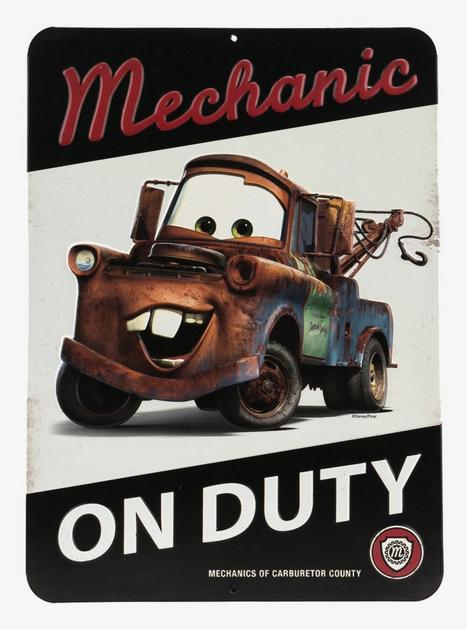 Tow Mater "Mechanic on Duty" Embossed Sign | Hot Topic