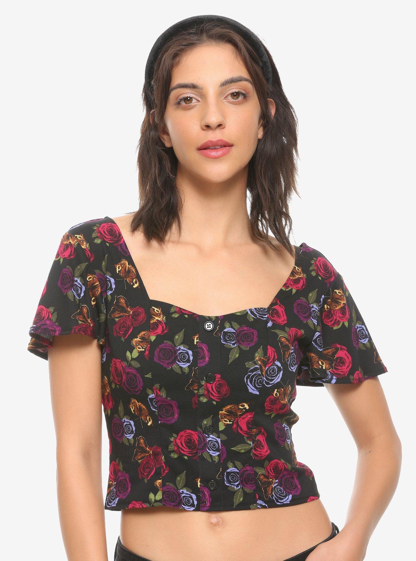 Roses & Moth Flutter-Sleeve Girls Crop Top | Hot Topic