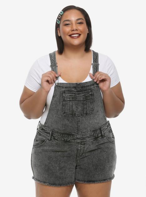 HT Denim Black Acid Wash Shortalls Plus Size | Hot Topic