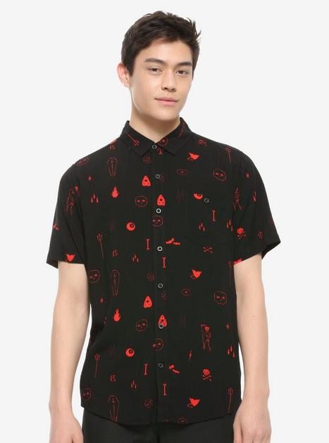 Dark Symbols Black & Red Woven Button-Up | Hot Topic