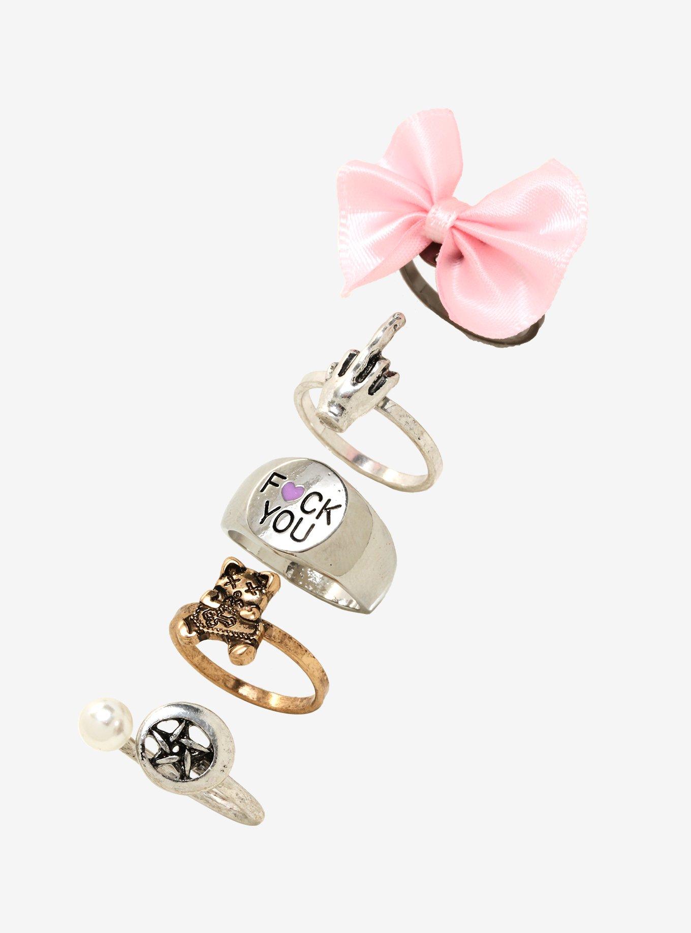 Middle Finger Teddy Bear Bow Ring Set | Hot Topic