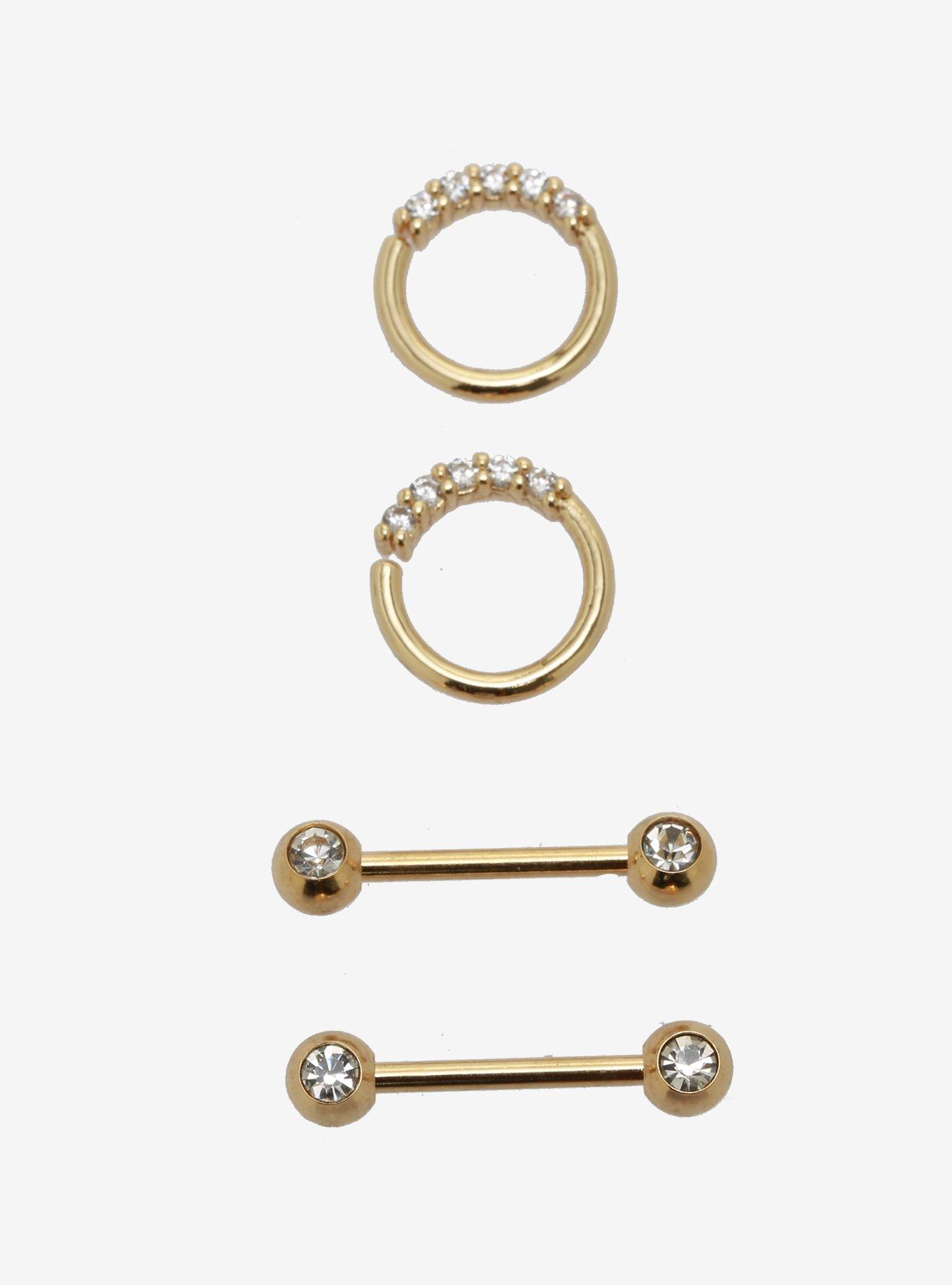 14G Steel Gold Clear CZ Nipple Barbell & Hoop 4 Pack | Hot Topic