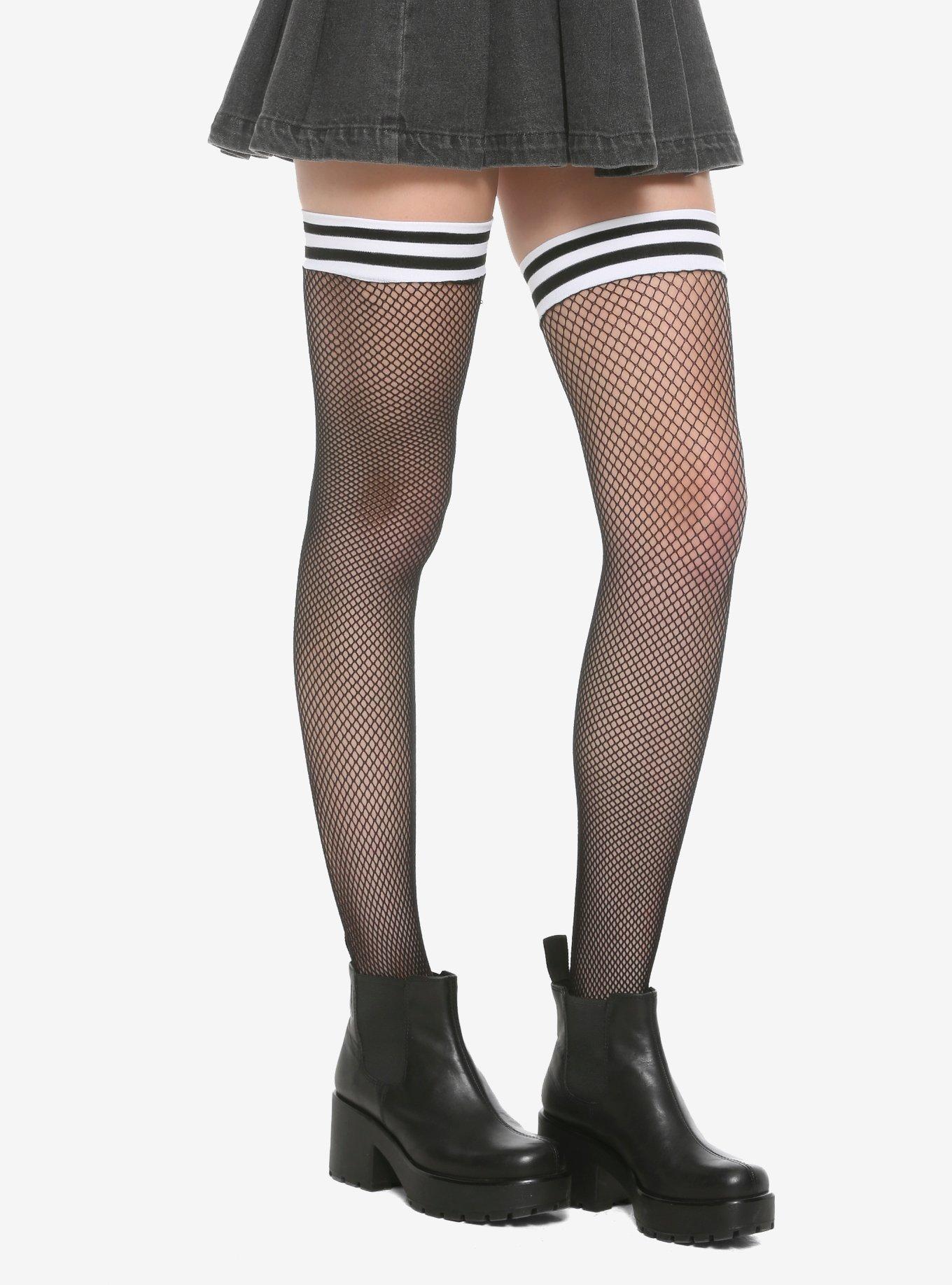 Black & White Varsity Stripe Fishnet Thigh Highs | Hot Topic