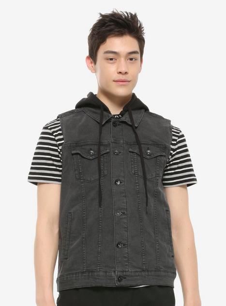 Black Washed Removable Hood Denim Vest | Hot Topic