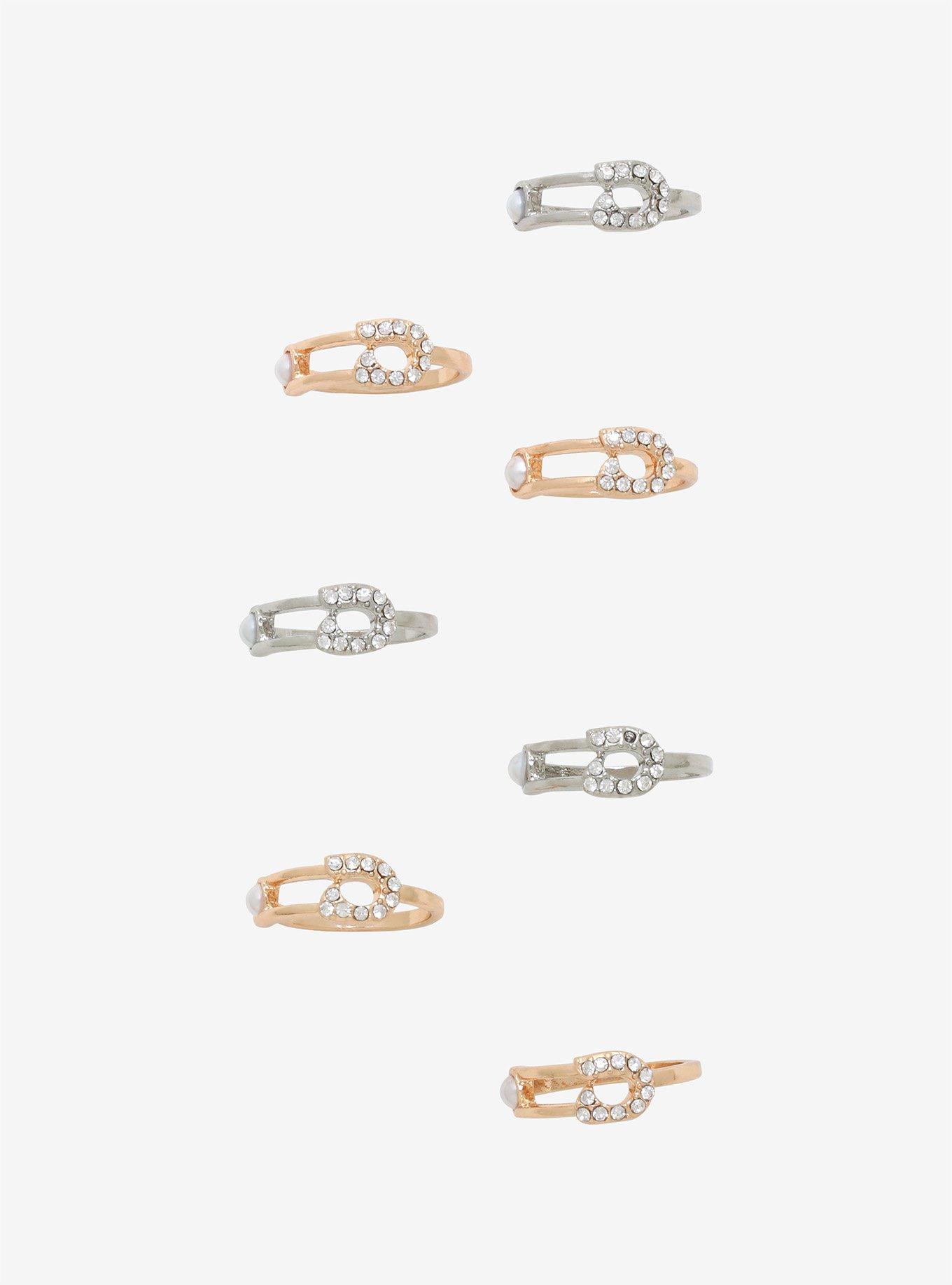 Silver & Gold CZ Safety Pin Ring Set | Hot Topic