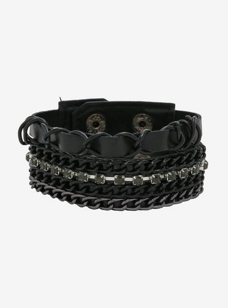 Black & Silver Mixed Chain Faux Leather Cuff Bracelet | Hot Topic