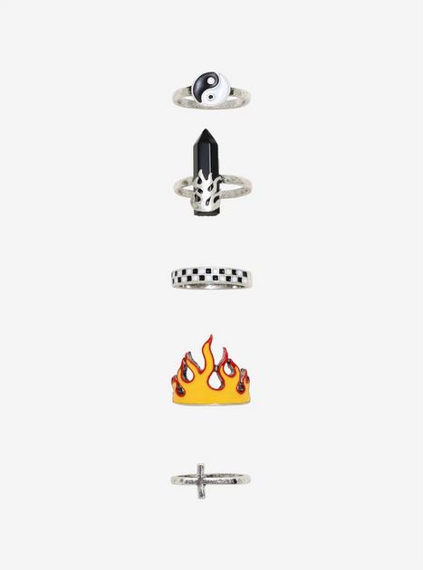 Checkered Flames Ring Set | Hot Topic