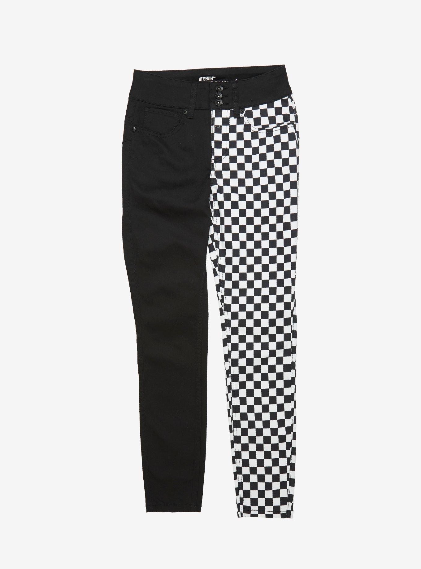 Ht Denim Black And White Checkered Split Leg Hi Rise Super Skinny Jeans