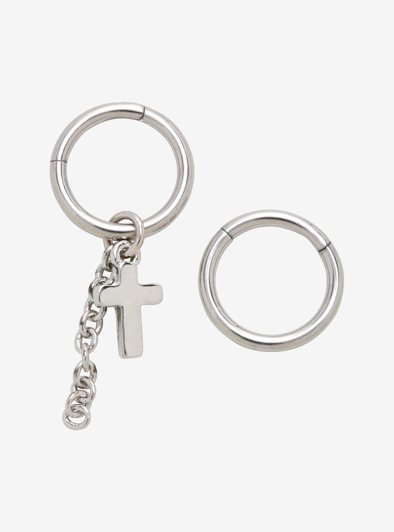 Steel Silver Cross Chain Hinged Hoop 2 Pack | Hot Topic