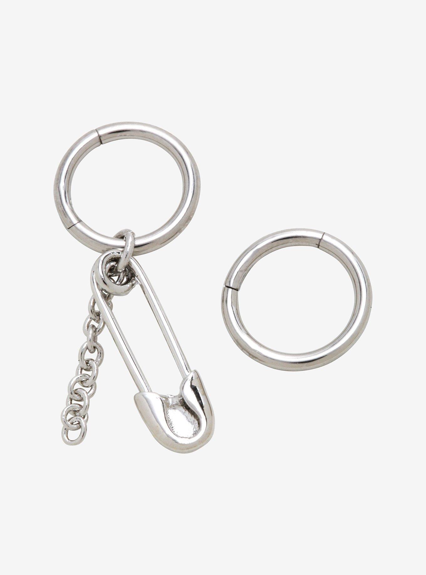 Steel Silver Safety Pin Chain Hinged Hoop 2 Pack | Hot Topic