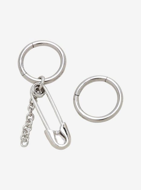 Steel Silver Safety Pin Chain Hinged Hoop 2 Pack | Hot Topic