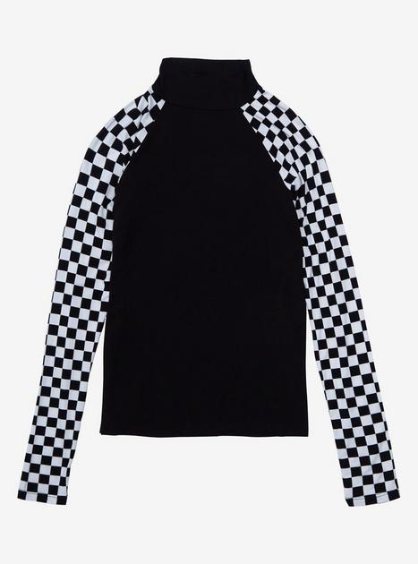 Black & White Checkered Mock Neck Girls Long-Sleeve T-Shirt | Hot Topic