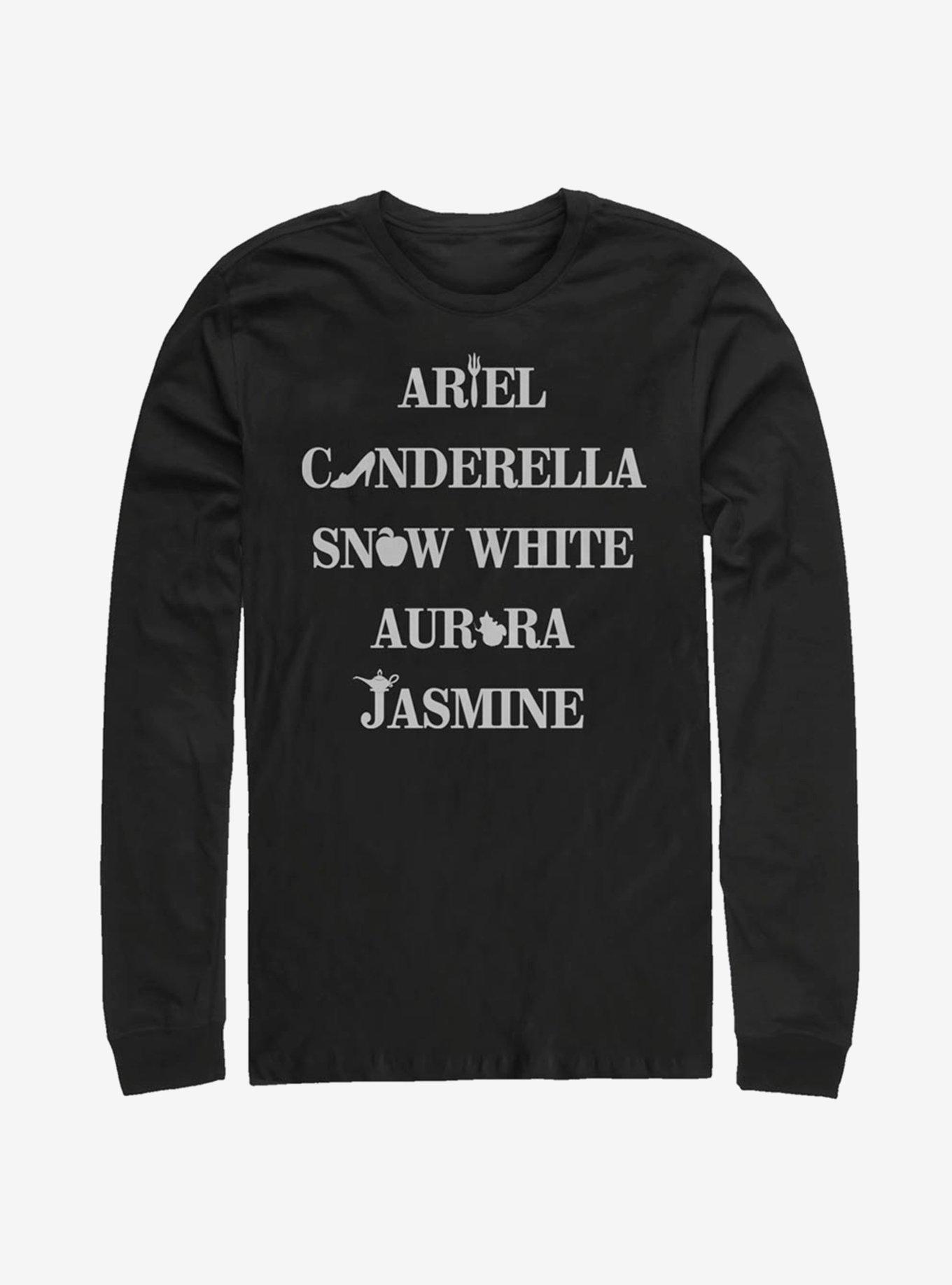 Disney Princesses Name Stack Icons Long-Sleeve T-Shirt - BLACK | BoxLunch
