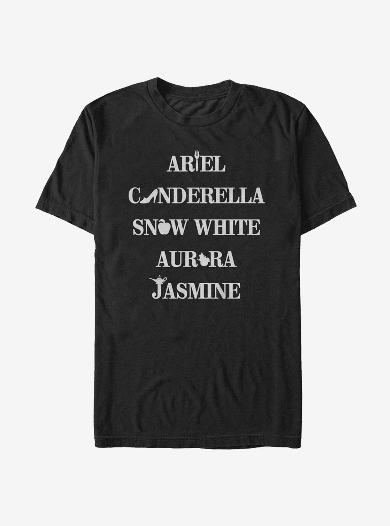 Disney Princesses Name Stack Icons T-Shirt - BLACK | BoxLunch