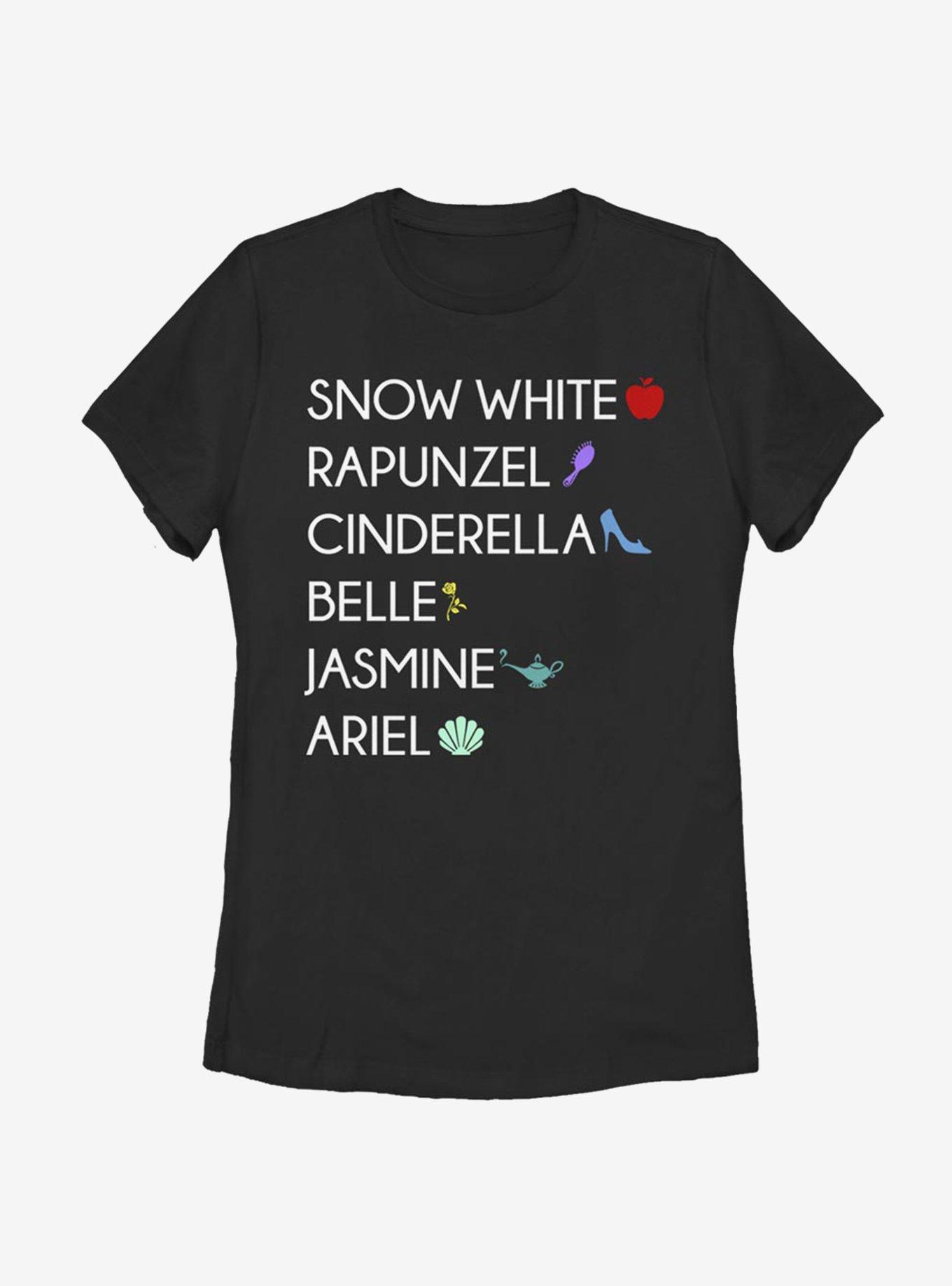 Disney Princesses Name Stack Womens T-Shirt - BLACK | BoxLunch