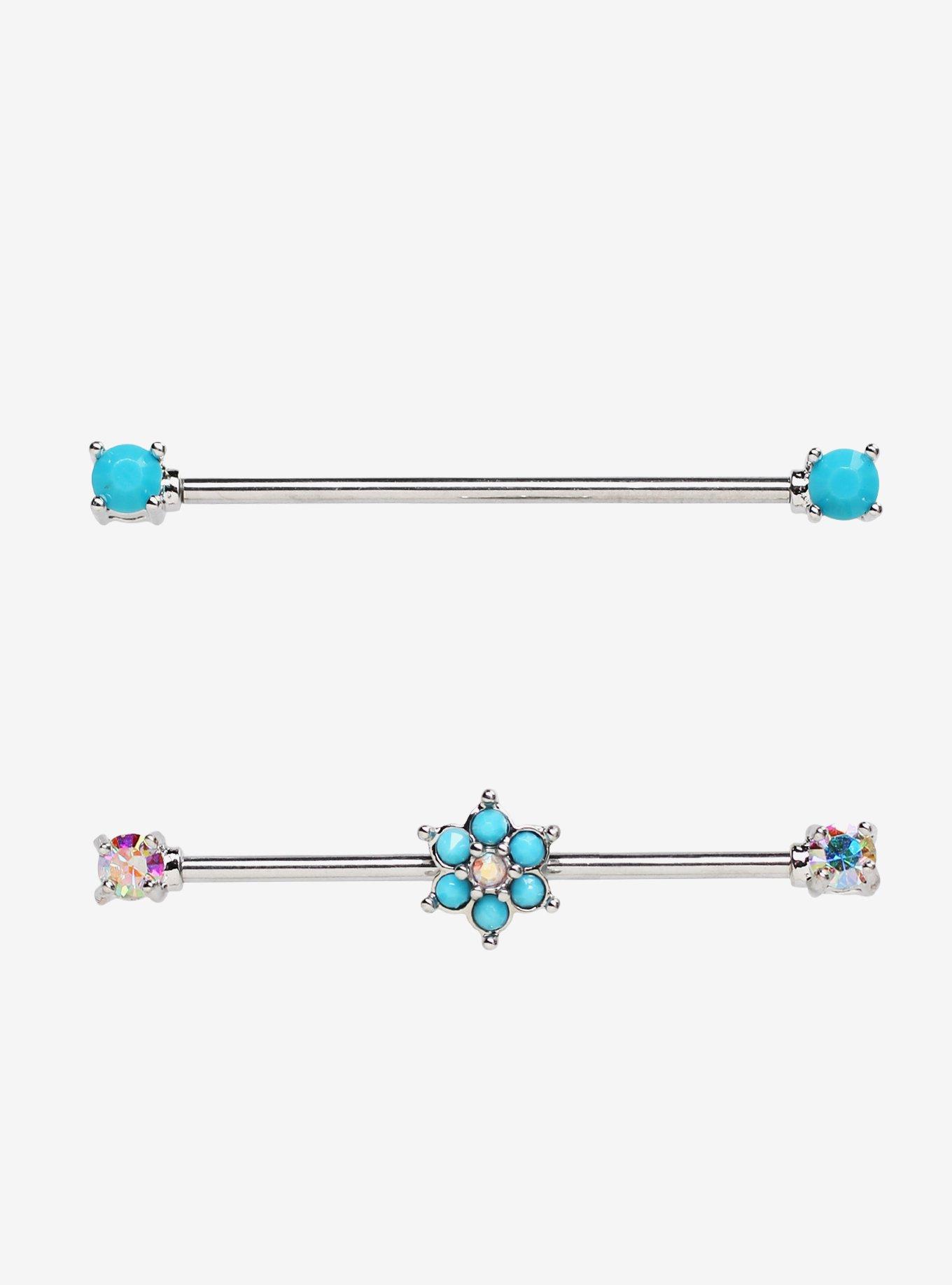 14G Turquoise Iridescent Flower Gem Industrial Barbell 2 Pack | Hot Topic