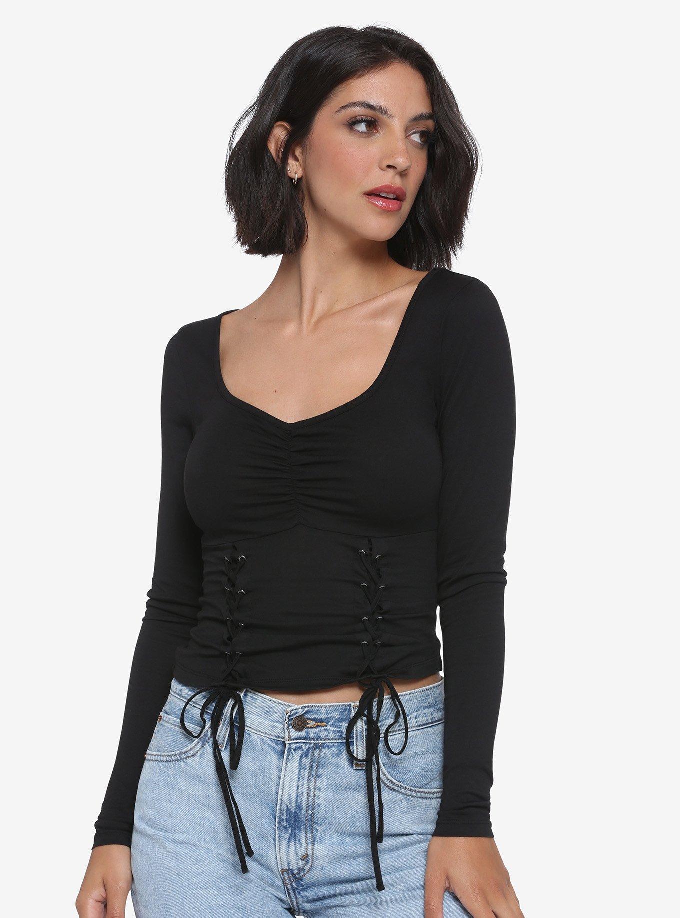 Black Ruching & Lace-Up Girls Long-Sleeve Top | Hot Topic