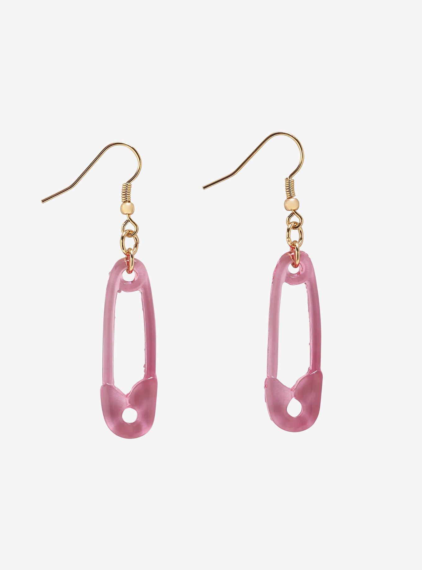 Clear Pink Safety Pin Drop Earrings | Hot Topic