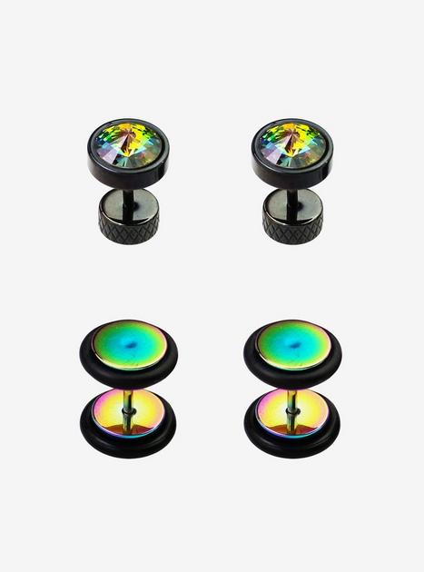 Black And Anodized Rainbow Bling Faux Plug 4 Pack | Hot Topic